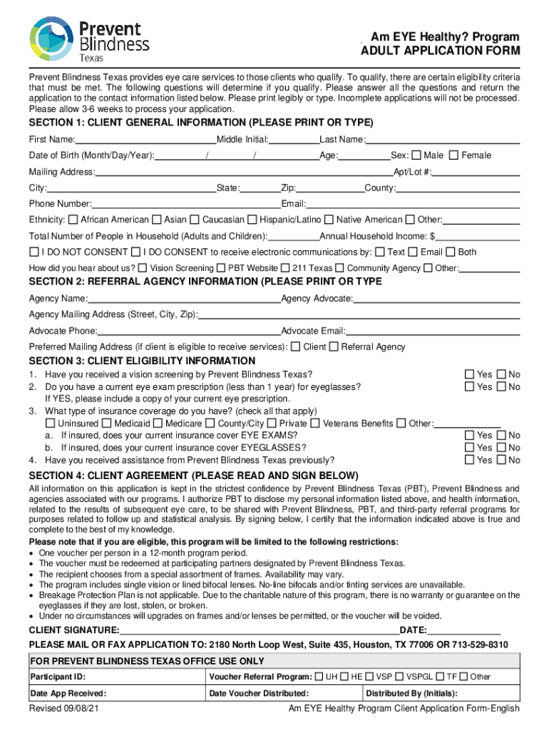 Fillable Online texas preventblindness Am EYE Healthy? Program ADULT APPLICATION FORM Fax Email ...
