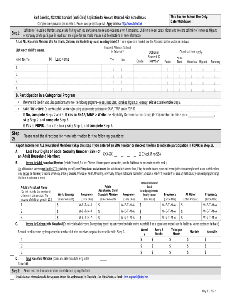 Child Nutrition - Bluff Dale ISD Doc Template | pdfFiller