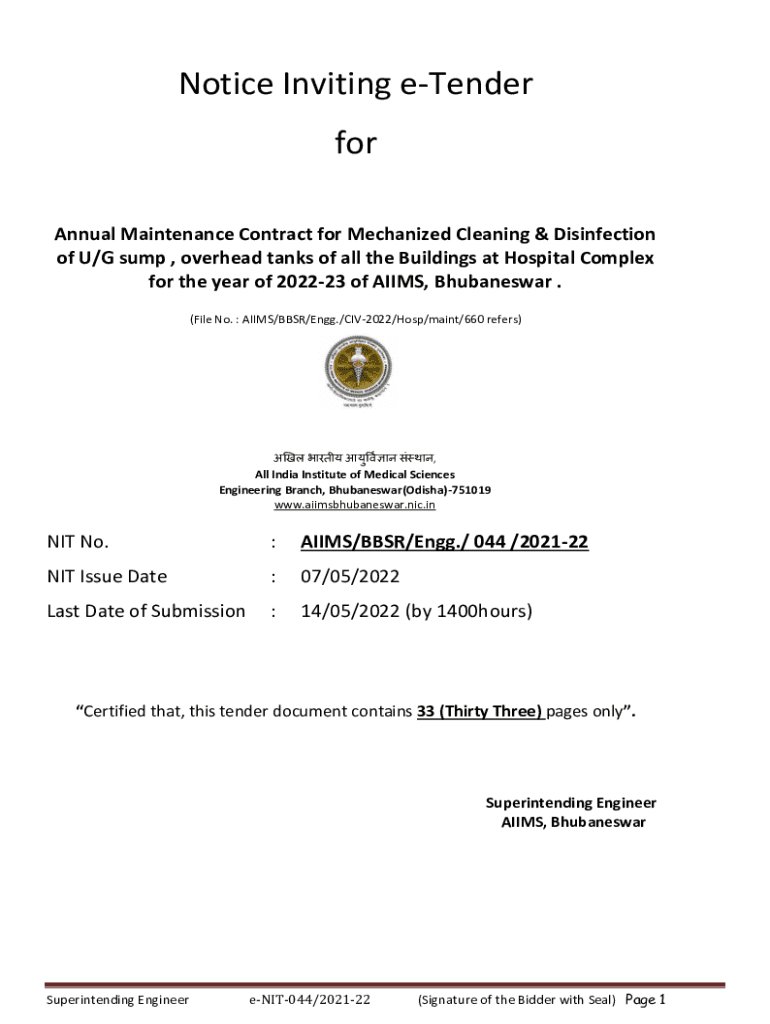 Fillable Online Tender for Annual Maintenance Contract for Services ...