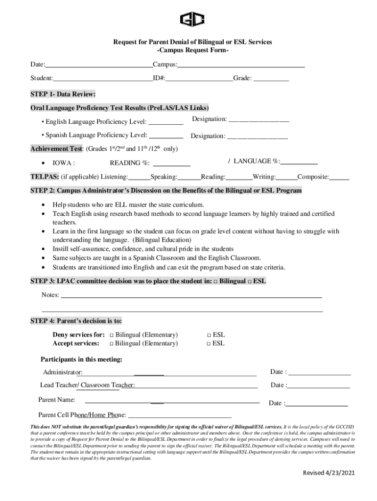 Fillable Online 10. Request for Parent Denial of Bilingual or ESL Services Fax Email Print ...