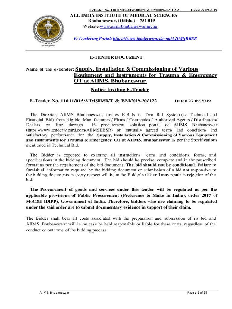 Fillable Online e-Tender Notice - AIIMS Bhubaneswar Fax Email Print ...