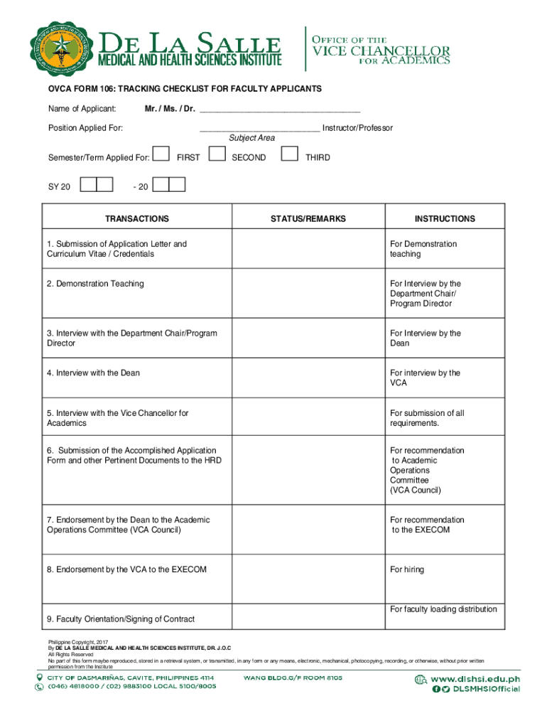 Fillable Online ovca form 106: tracking checklist for faculty applicants - dlshsi Fax Email ...
