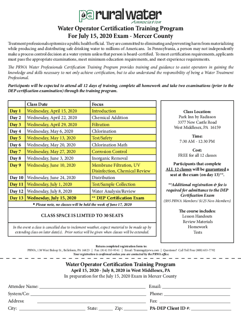 Fillable Online Water Operator Certification Training Program For July ...