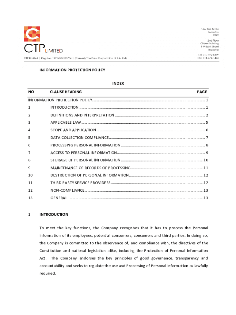 Fillable Online Personal Information Protection Policy (Internal ...