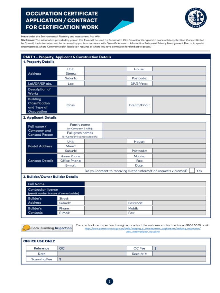 Fillable Online Occupation Certificate Application - City of Parramatta Fax Email Print - pdfFiller