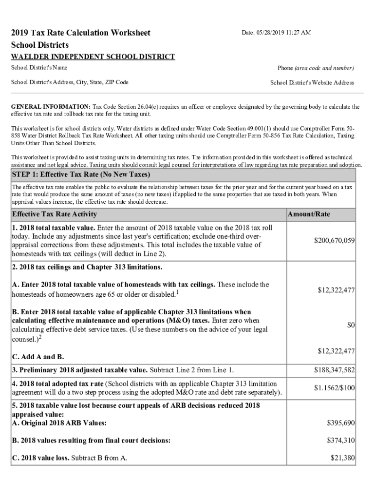 Fillable Online 2019 Tax Rate Calculation Worksheet - Gonzales County ...