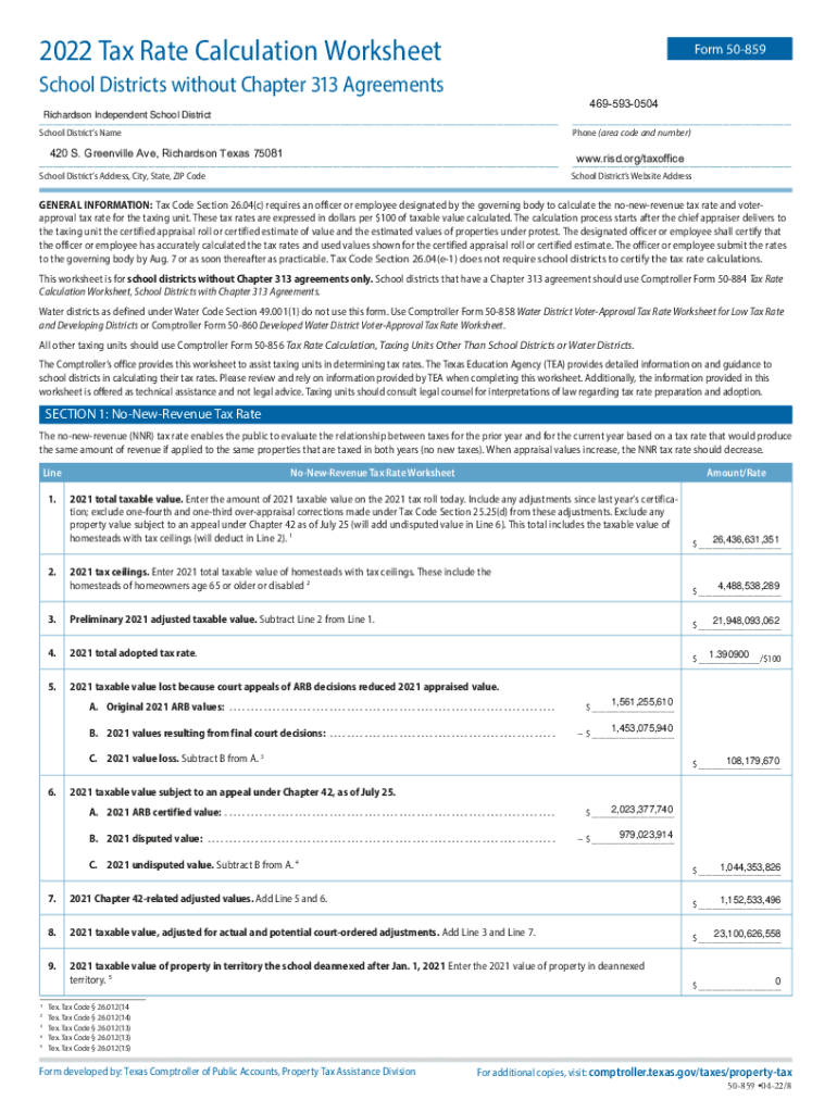 Fillable Online 2022 Tax Rate Calculation Worksheet - Richardson ISD ...