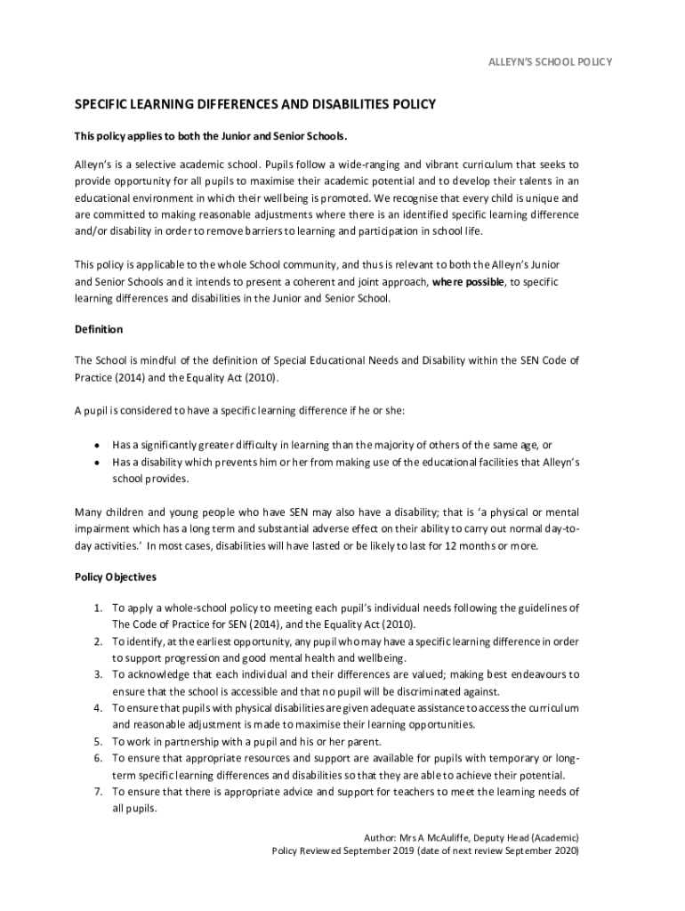 Fillable Online SPECIFIC LEARNING DIFFERENCES AND DISABILITY POLICY Fax ...