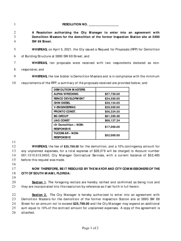 Fillable Online 1 A Resolution requesting the City Manager issue an RFP ...