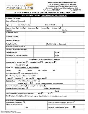 Fillable Online ECM4323832v2Burial Order Form 2019/20 - Effective 01/07 ...