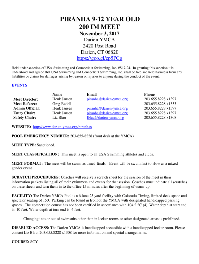 Fillable Online Piranha Swim Team Contact Us - Darien YMCA Fax Email ...