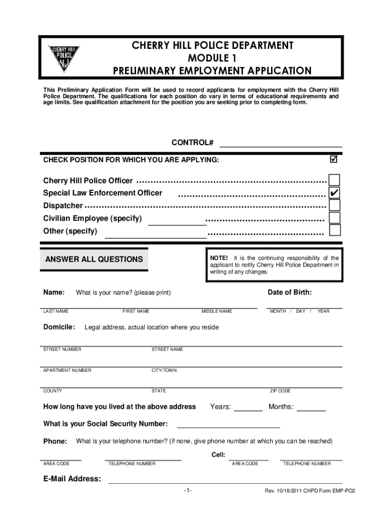 Fillable Online Police Department Preliminary Application For Employment ... Fax Email Print ...