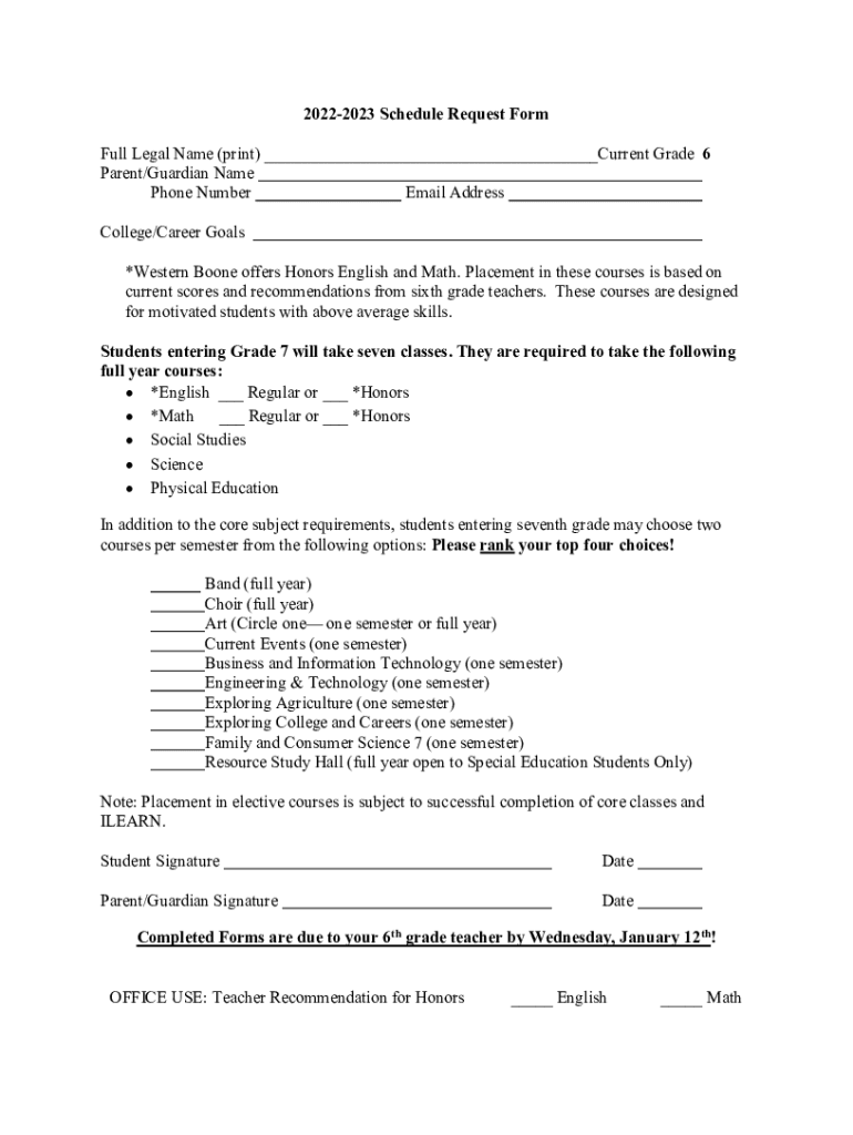 Fillable Online 7th Grade Request Form 22-23 Fax Email Print - pdfFiller