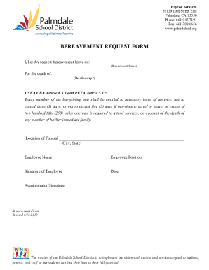 Fillable Online bereavement request form - Palmdale School District Fax ...