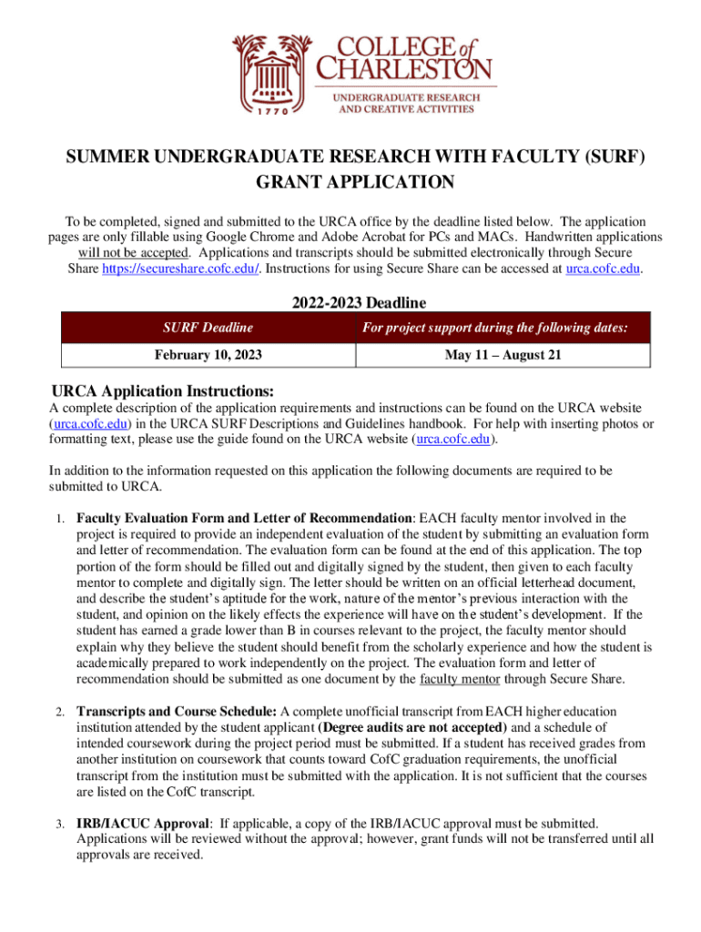 Fillable Online urca cofc SURF Application Form Fax Email Print - pdfFiller