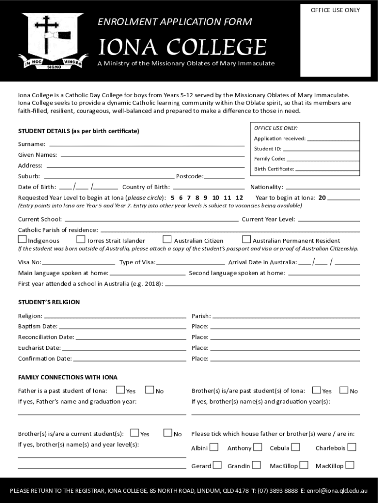 Fillable Online Enrolment Application Form - Iona College Fax Email Print - pdfFiller