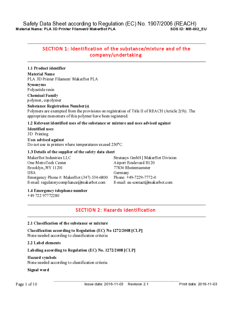 Fillable Online Safety Data sheet - PLA Filament.indd - dddrop Fax ...