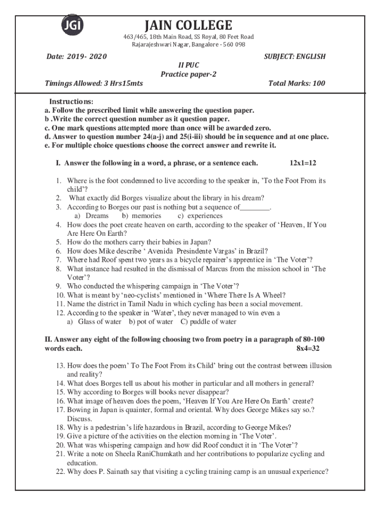 II PUC English Practice Paper 2019-2020 - Blank Fillable Template ...