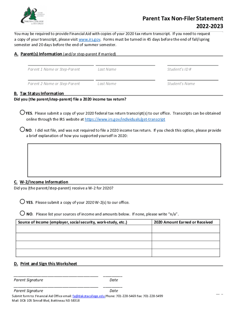 Fillable Online Parent Tax Non-Filer Statement 2022-2023 Fax Email ...