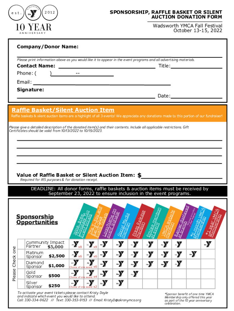 Fillable Online Sponsorship, Raffle Basket or Silent Auction Donation ...