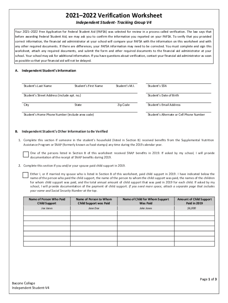 Fillable Online 20212022 Verification Worksheet - Belmont Abbey College Fax Email Print - pdfFiller