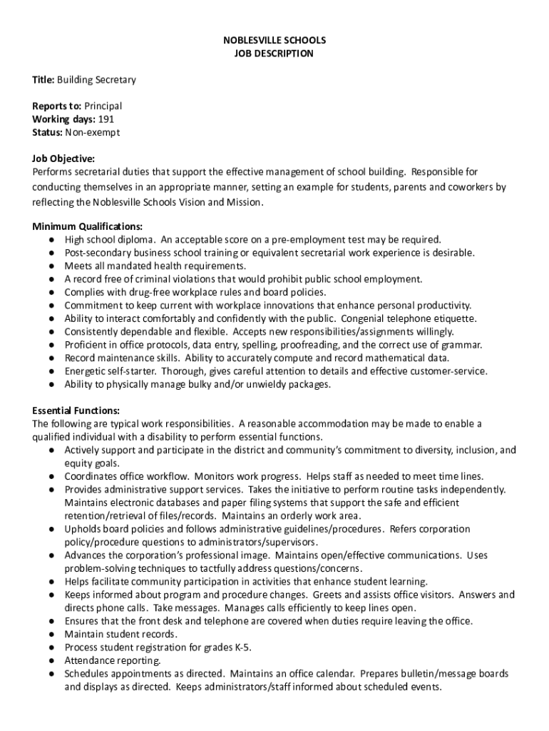 Fillable Online Receptionist Reports to: School Principal Contracted ...