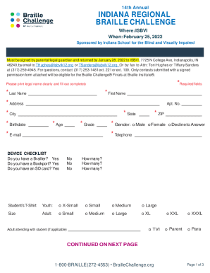 Fillable Online INDIANA REGIONAL BRAILLE CHALLENGE - IN.gov Fax Email ...