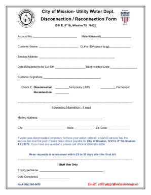 Fillable Online Water Dept. Utility Disconnection Form - City of ...