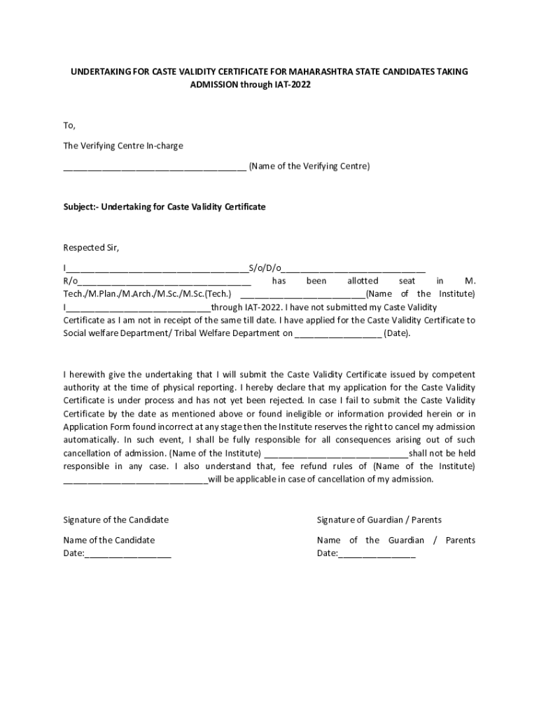 Fillable Online nitsikkim ac undertaking for caste validity certificate ...