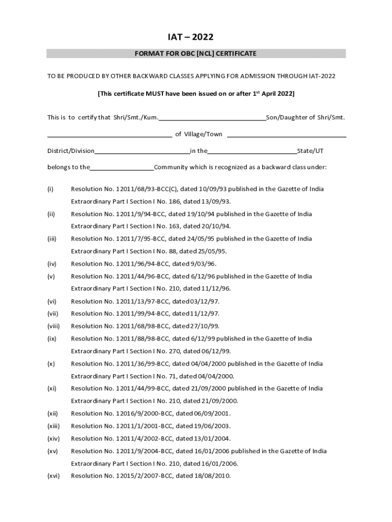 Fillable Online nitsikkim ac The date of issue of OBC (NCL) certificate ...