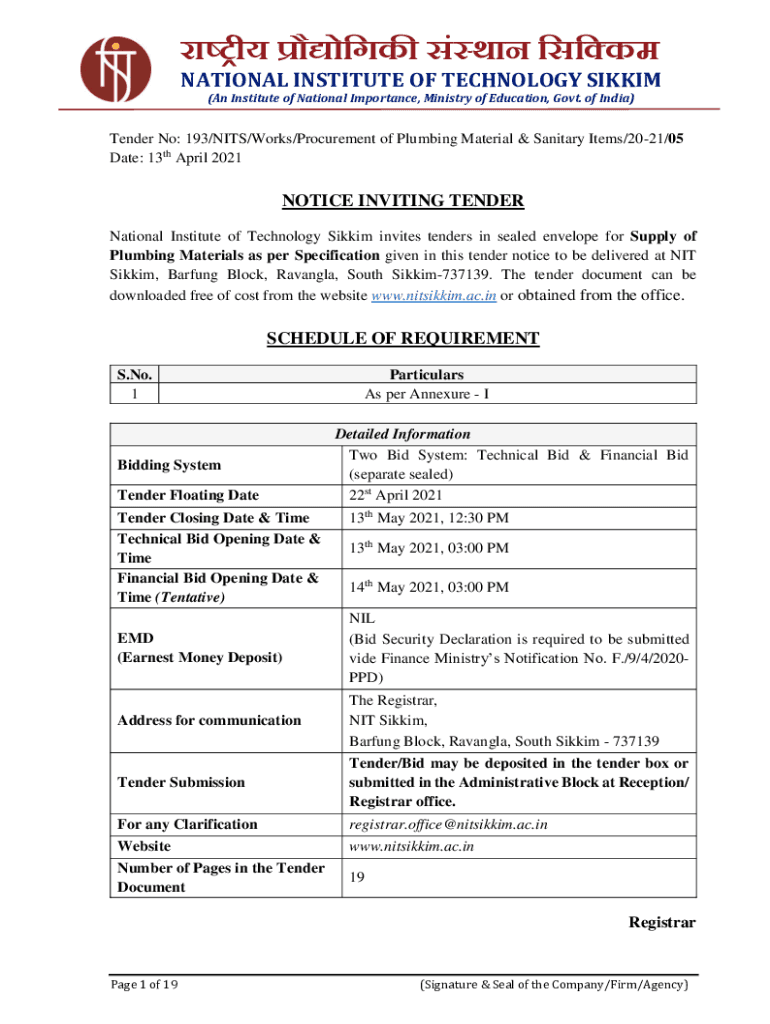 Fillable Online nitsikkim ac NIT Tender - Works Is To Be Done At Nit Sikkim - Sikkim - BidAssist ...