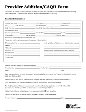 Fillable Online Provider Addition/CAQH Form Health Alliance Fax Email ...
