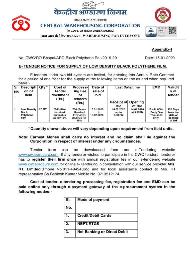 Fillable Online Appendix-I No. CWC/RO-Bhopal/ARC-Black Polythene Roll ...