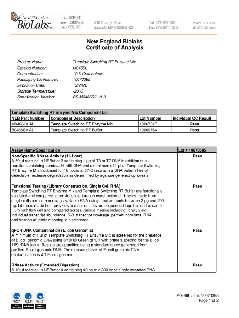Fillable Online M0486G / Lot - New England Biolabs Certificate of Analysis Fax Email Print ...