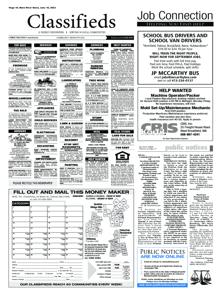 Fillable Online Turley Publications, 80 Main St, Ware, MA, Newspapers ...