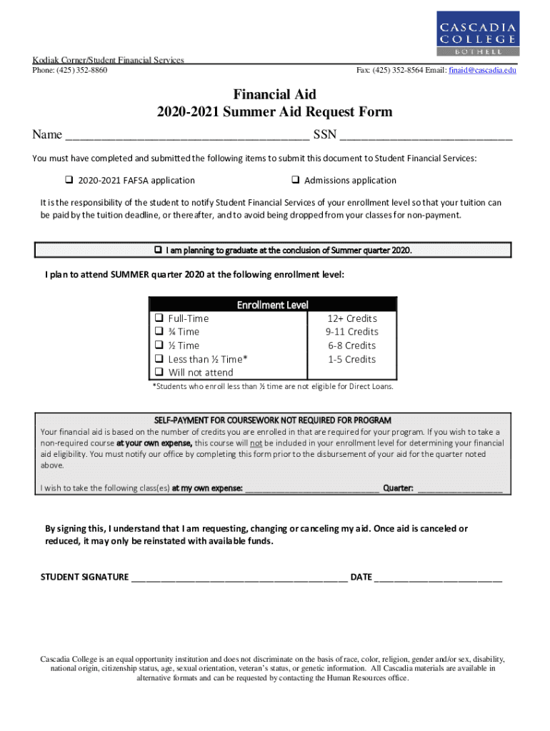 Fillable Online Financial Aid 2020-2021 Summer Aid Request Form Fax ...