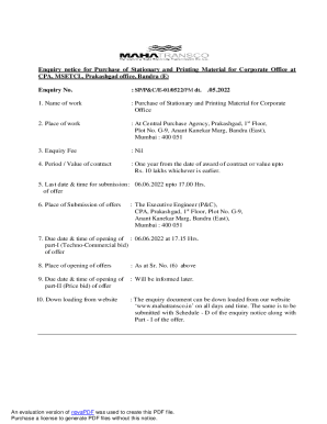 Fillable Online Enquiry notice for Purchase of Stationary and Printing ...