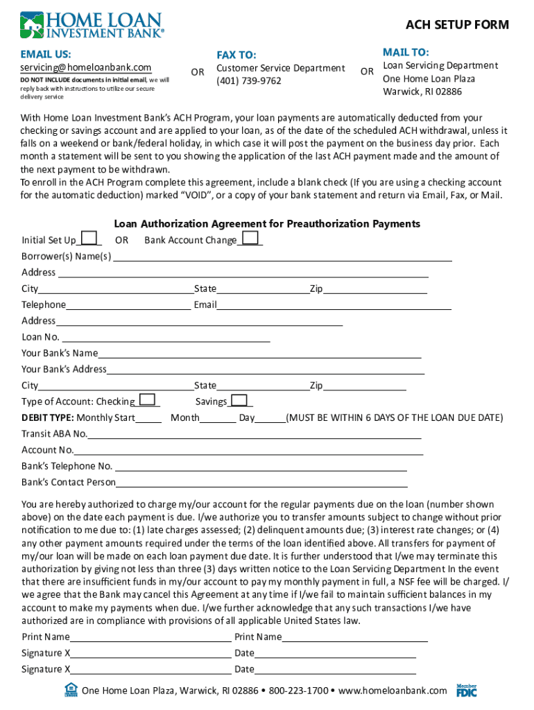 Fillable Online ach setup form - Home Loan Investment Bank Fax Email ...