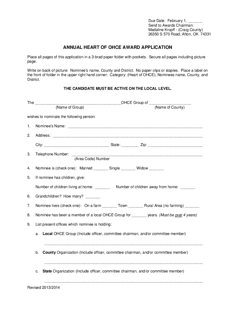 Fillable Online ANNUAL HEART OF OHCE AWARD APPLICATION Fax Email Print ...