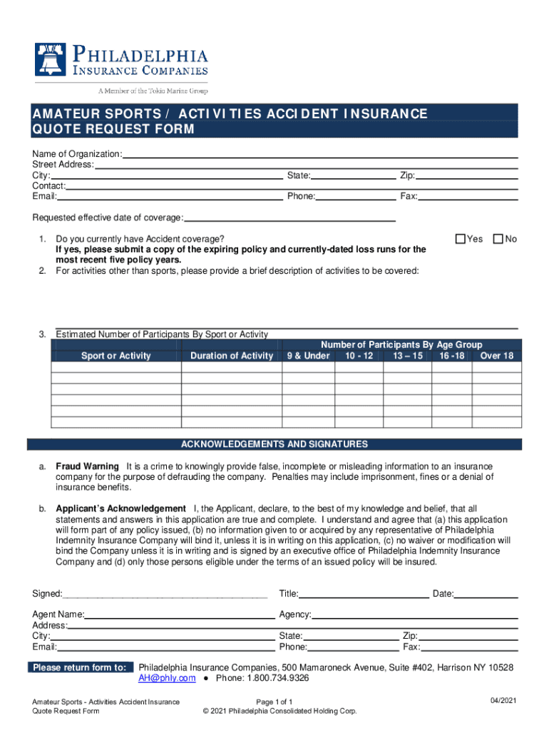 Fillable Online Participant Accident Insurance Quote Request Form Fax ...
