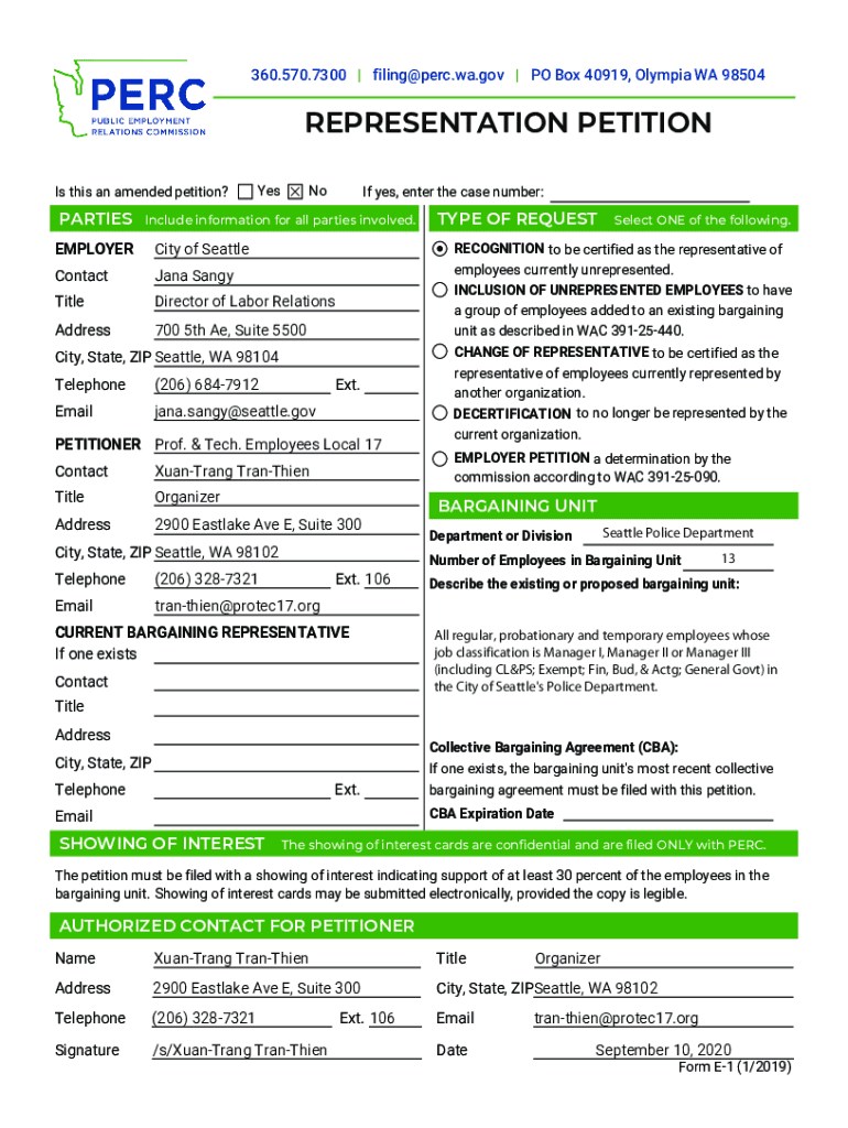 Fillable Online perc wa Representation Petition Form (E-1).pdf Fax ...