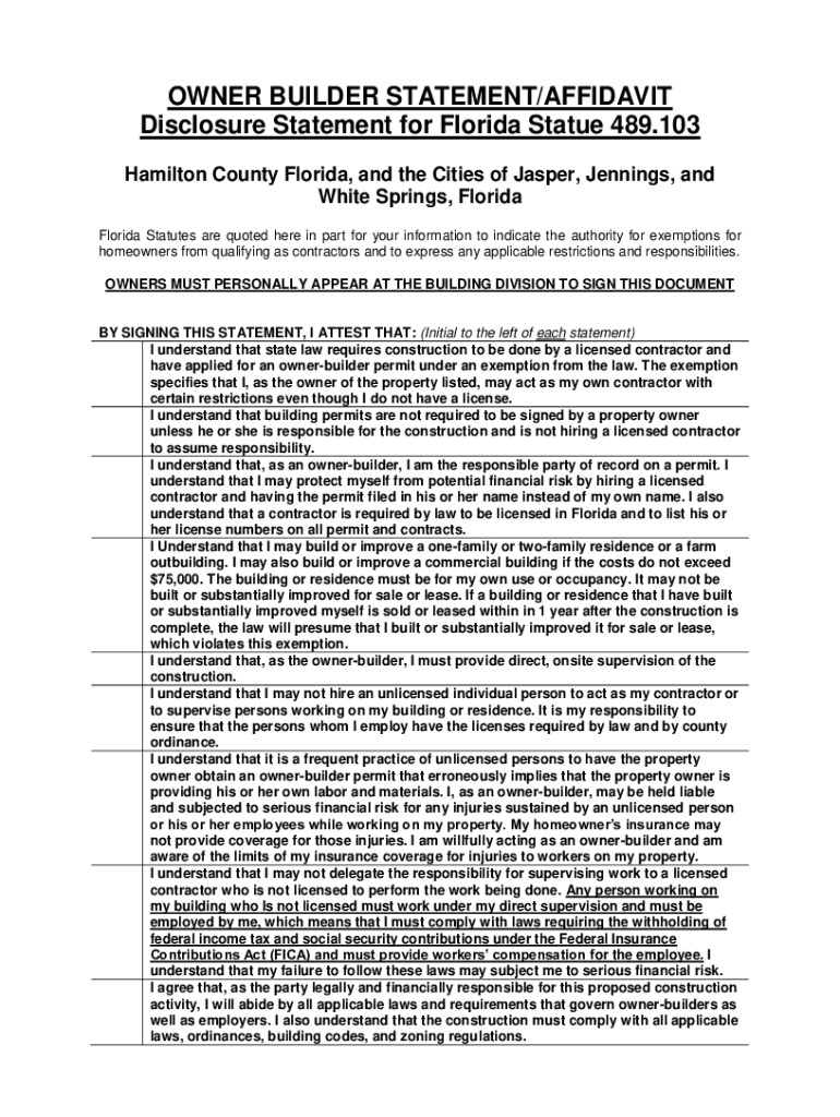 Fillable Online OWNER BUILDER STATEMENT/AFFIDAVIT Disclosure ... Fax ...