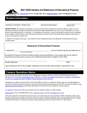 Fillable Online Green River College 2021-2022 Identity Statement of Educational Purpose Fax ...