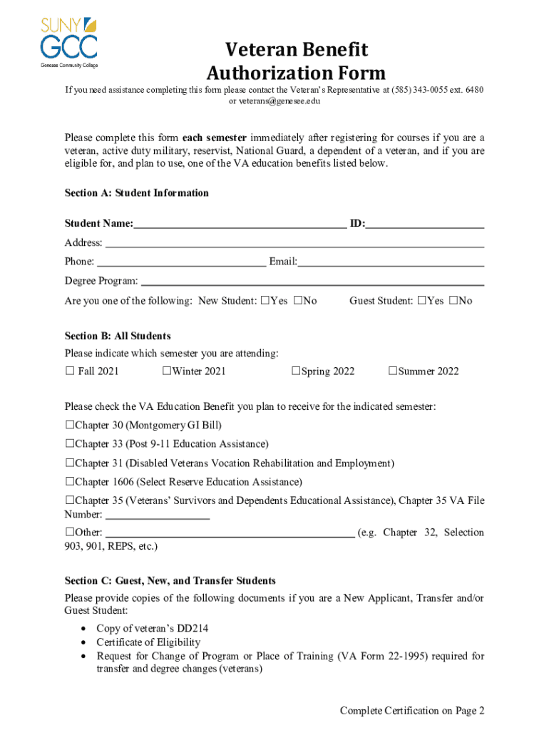 Fillable Online Veteran Benefit Authorization FormGenesee Community ...