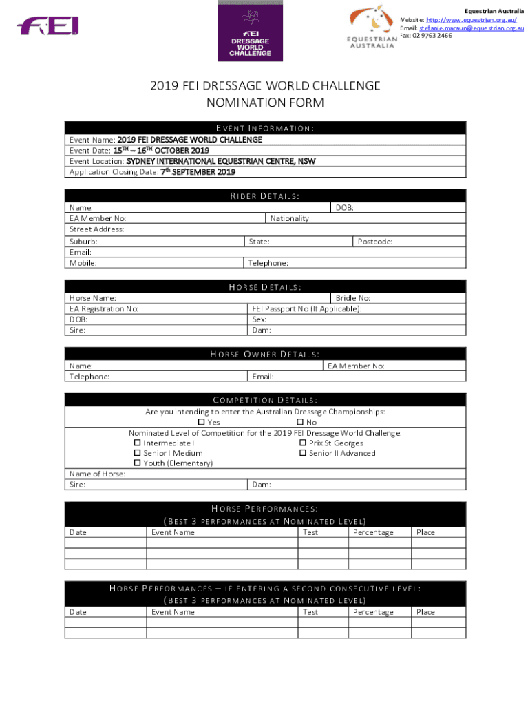 Fillable Online 2018 fei world dressage challenge nomination form Fax Email Print - pdfFiller