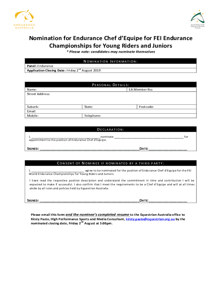 Fillable Online Endurance Chef Application FEI World Championships ...