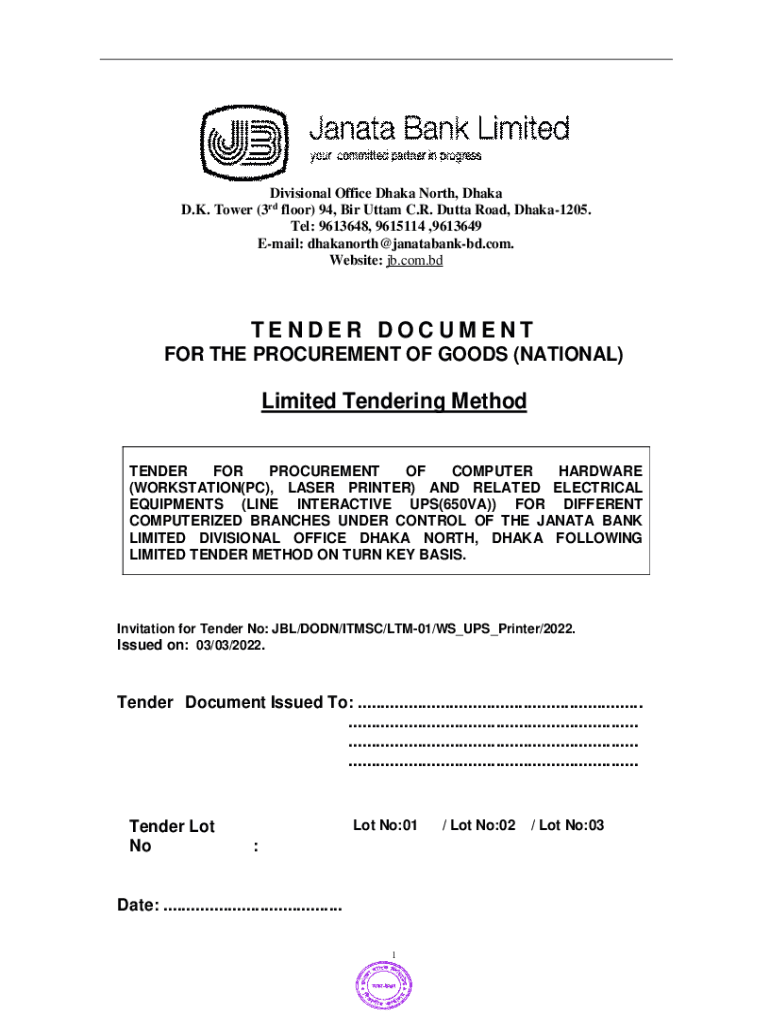 Fillable Online TENDER DOCUMENT Limited Tendering Method - Janata Bank ...