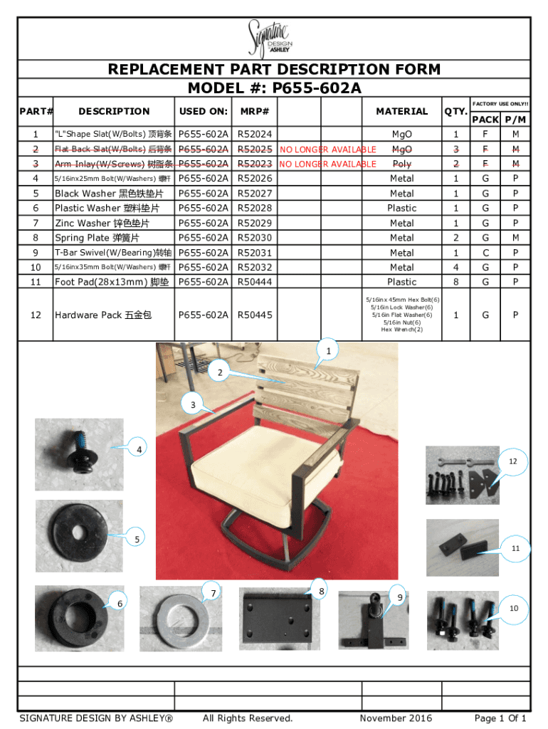Fillable Online REPLACEMENT PART DESCRIPTION FORM MODEL #: P655-602A ...