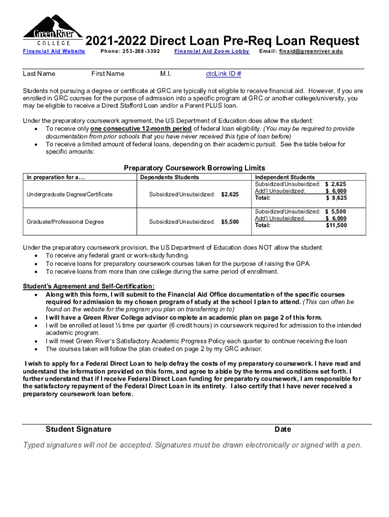 Fillable Online 2021-2022 Direct Loan Pre-Req Loan Request Fax Email ...