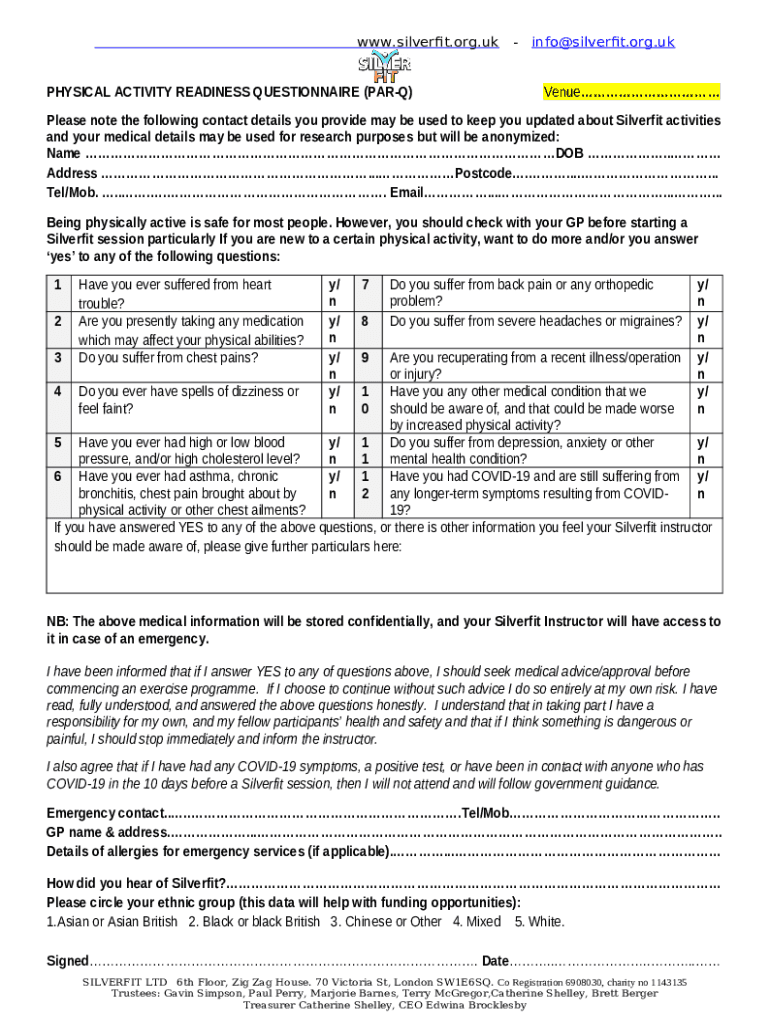 Physical Activity Readiness Questionnaire for Everyone Doc Template ...